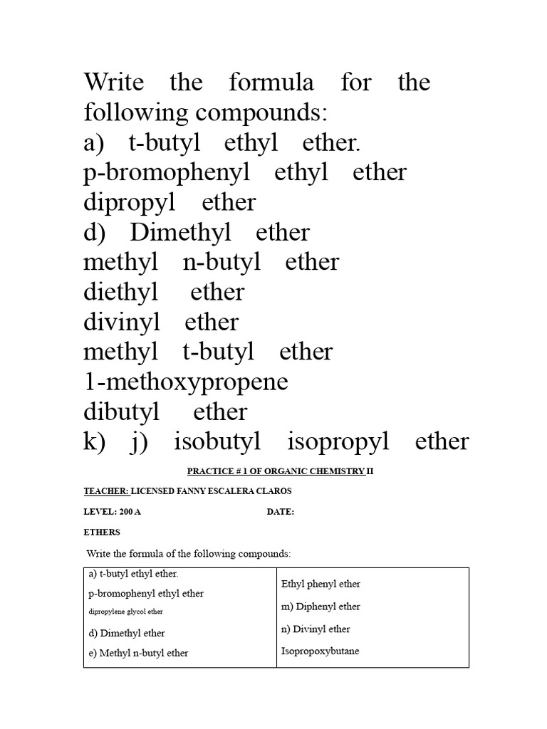 Write The Formula of The Following Compounds | PDF | Ether | Methyl Group