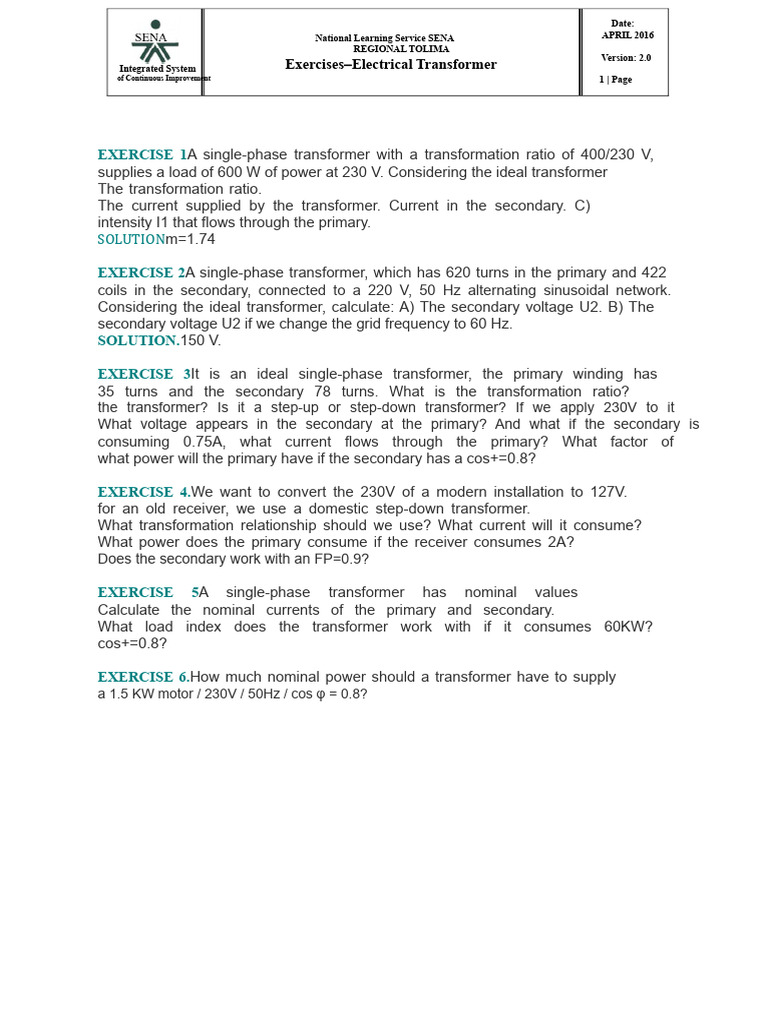 Transformer Calculation - Exercises PDF | PDF