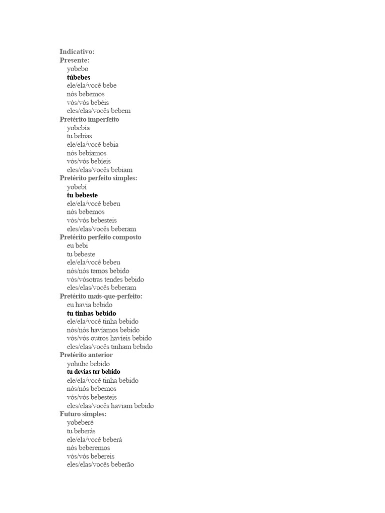 Verbo Beber | PDF | Famílias linguísticas | Conjugação gramática