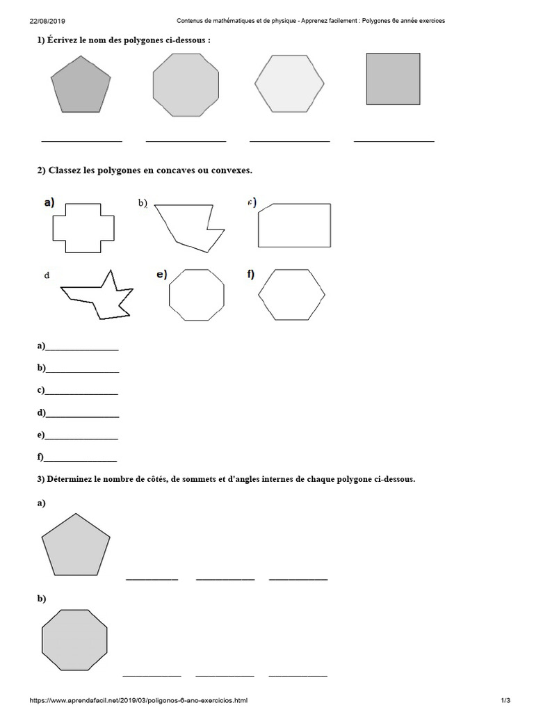 Exercices sur les polygones 6e année | PDF | Polygone | Géométrie convexe