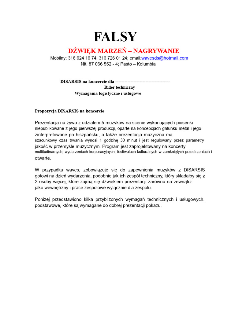 Rider Techniczny I Backline Disarsis | PDF