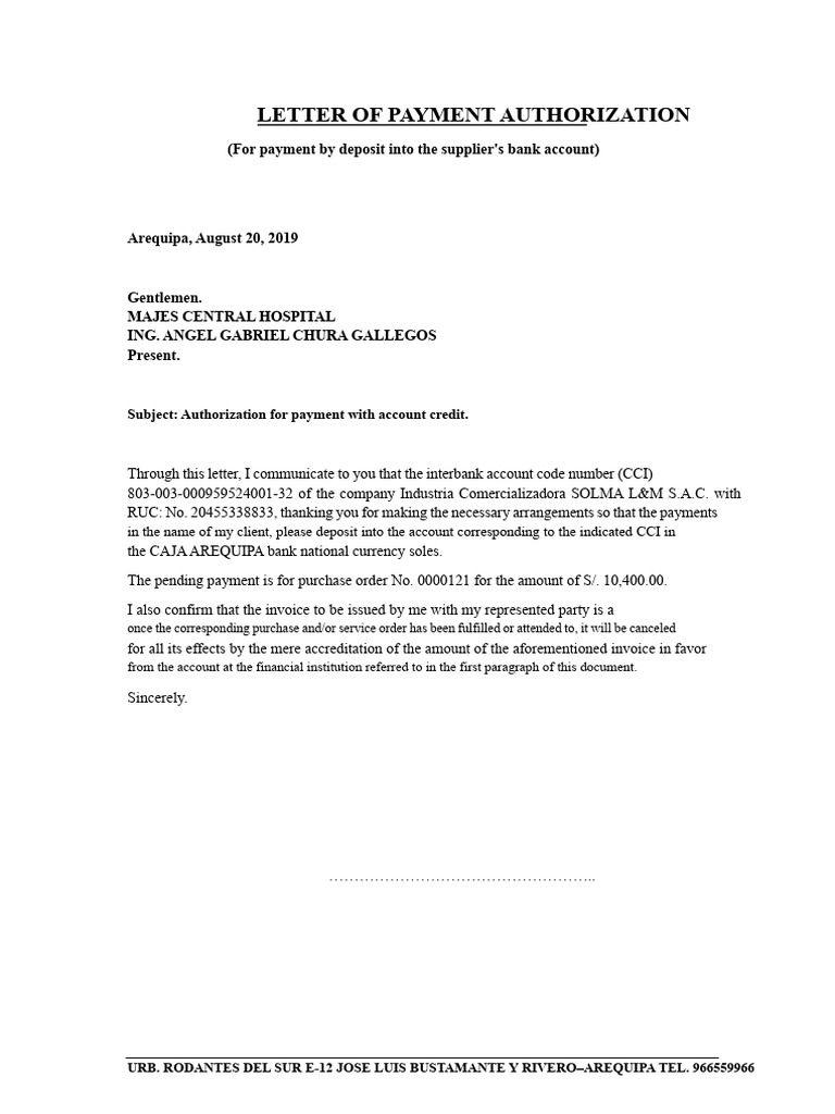Payment Authorization Letter | PDF