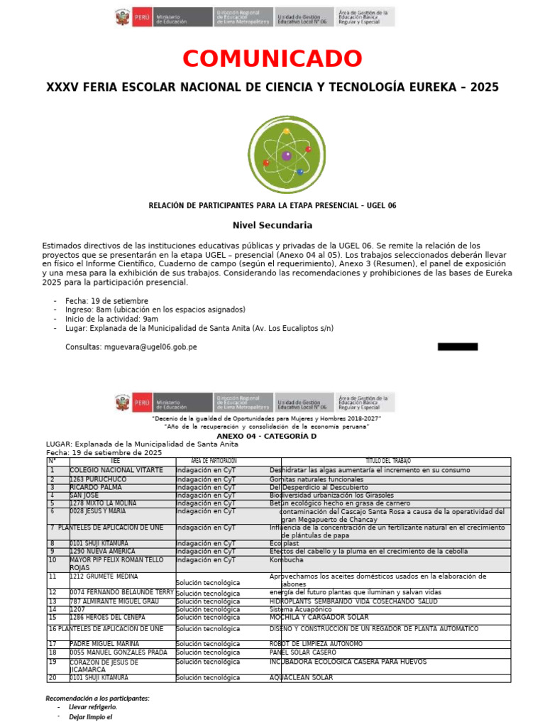 Comunicado Eureka 2025 - Secundaria | PDF | Perú
