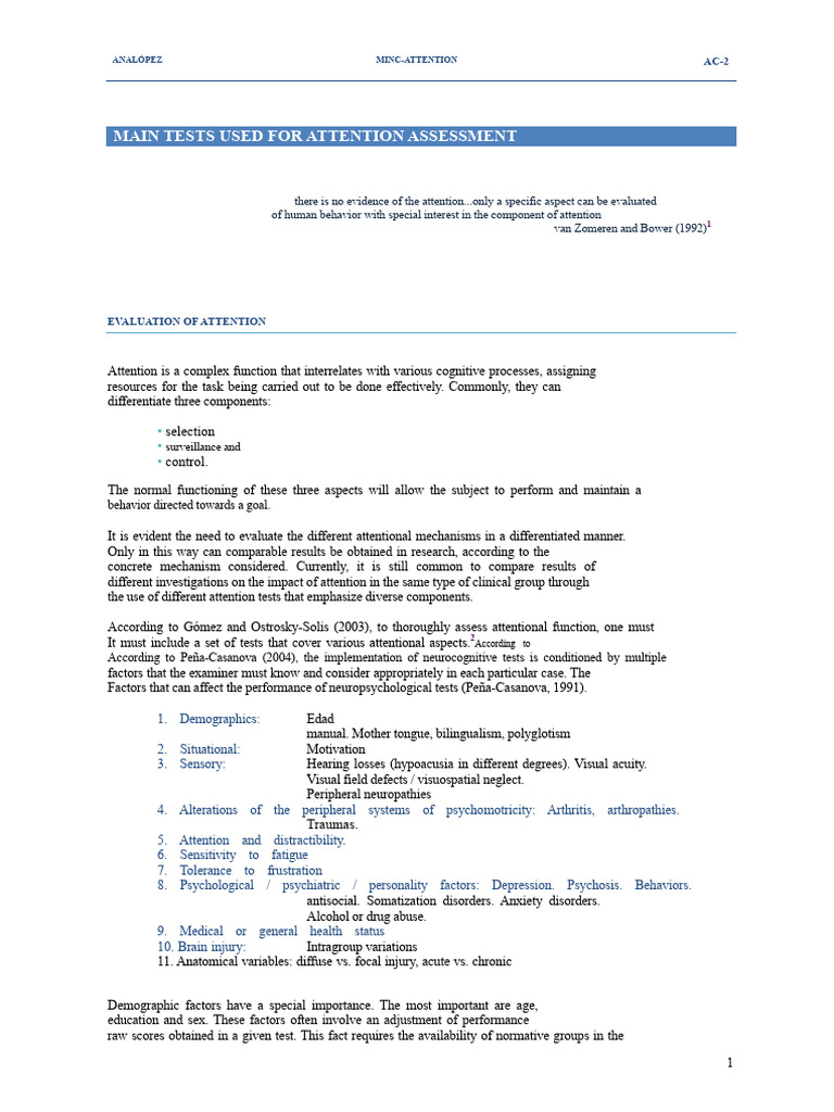 Assessment of Attention | PDF | Attention | Mental Chronometry