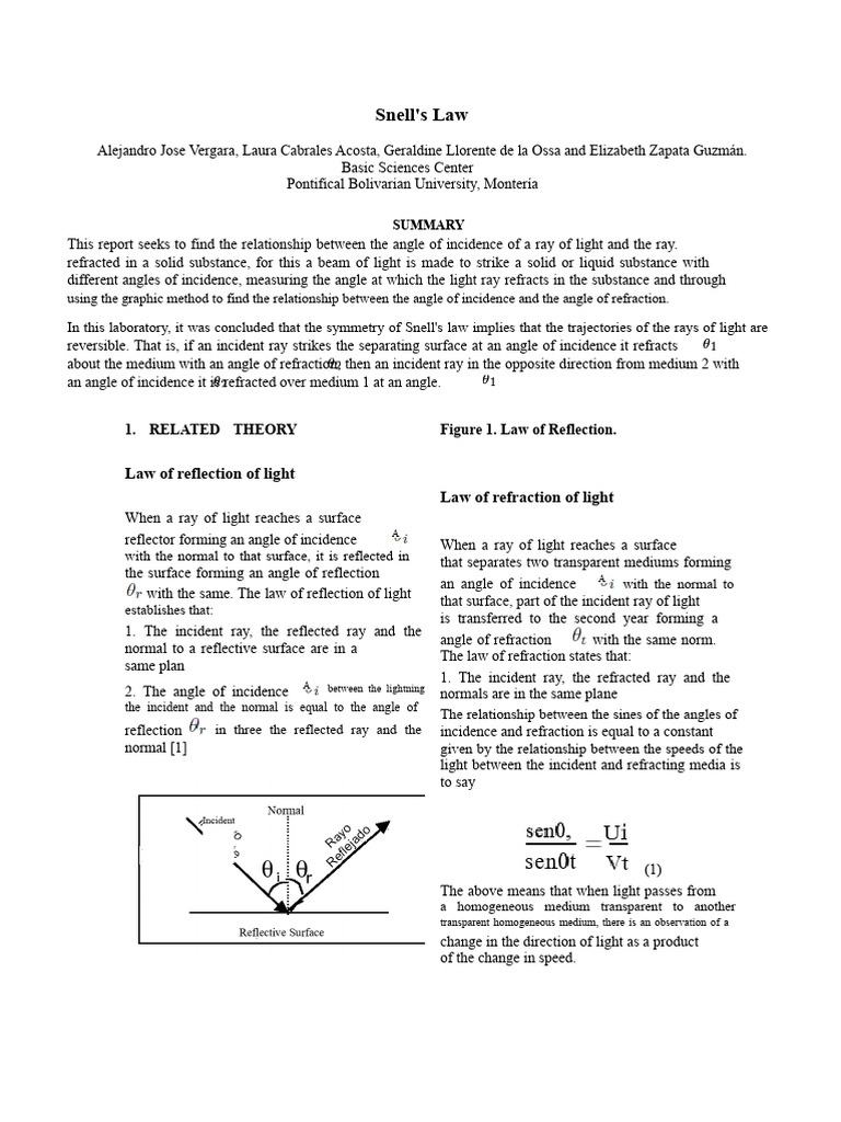 Snell's Law Laboratory 7 | PDF | Refraction | Refractive Index