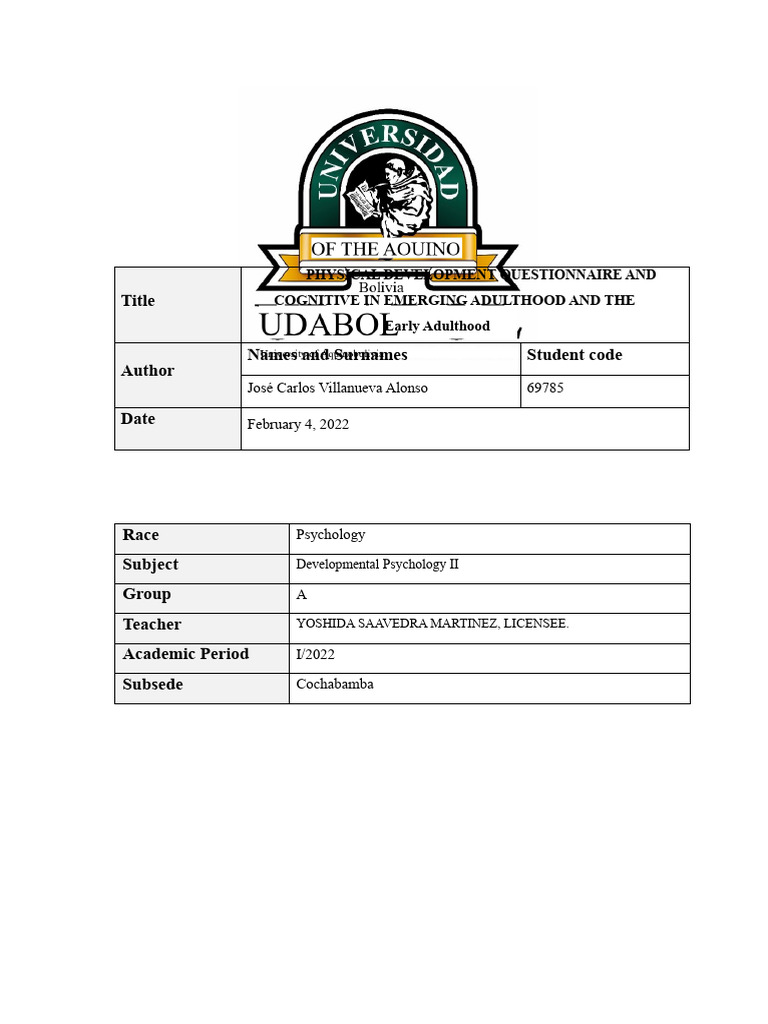 Questionnaire On Physical and Cognitive Development in Emerging ...
