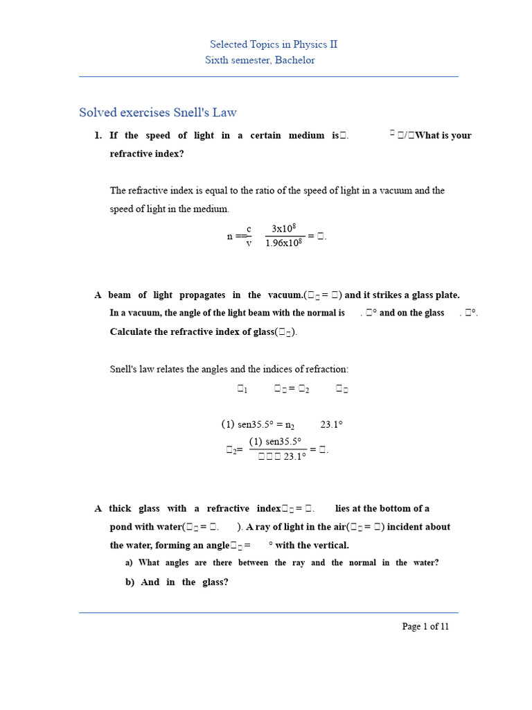 Snell's Law Exercises in Physics II | PDF | Refraction | Reflection ...