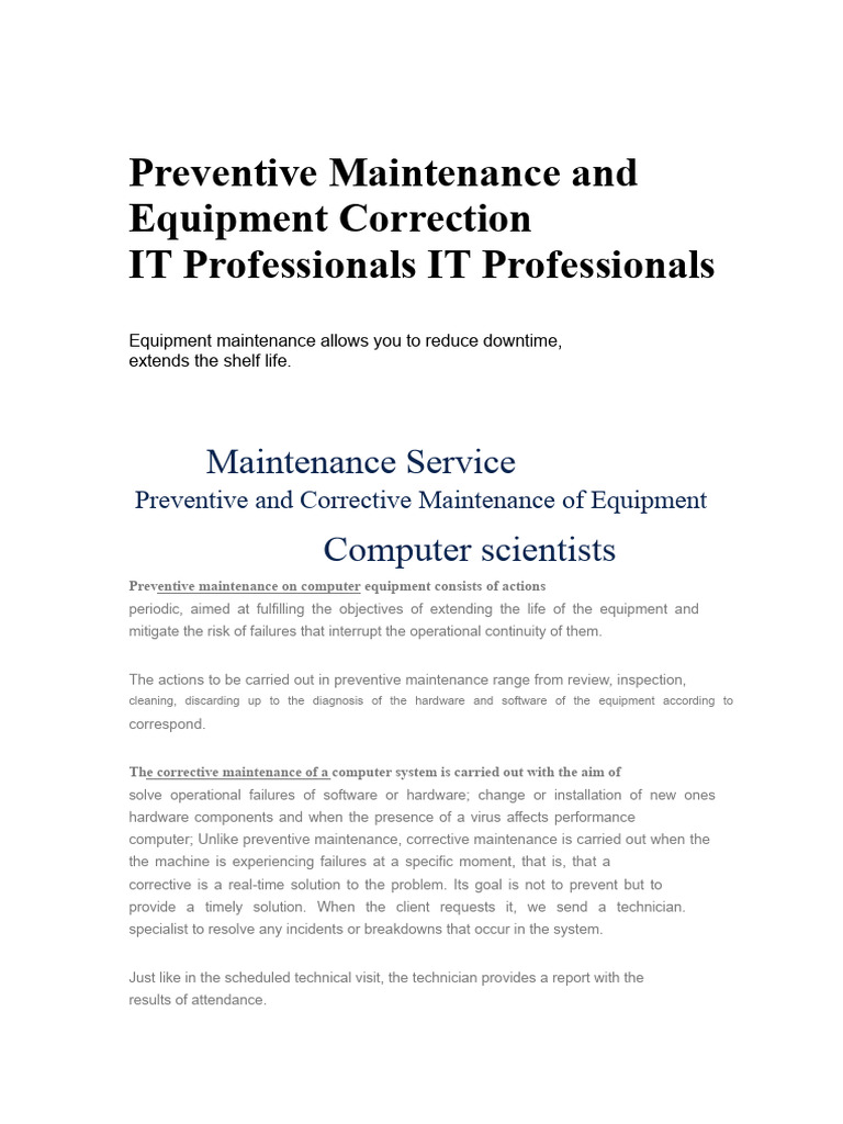 Preventive Maintenance and Corrective Maintenance of Computer Equipment ...