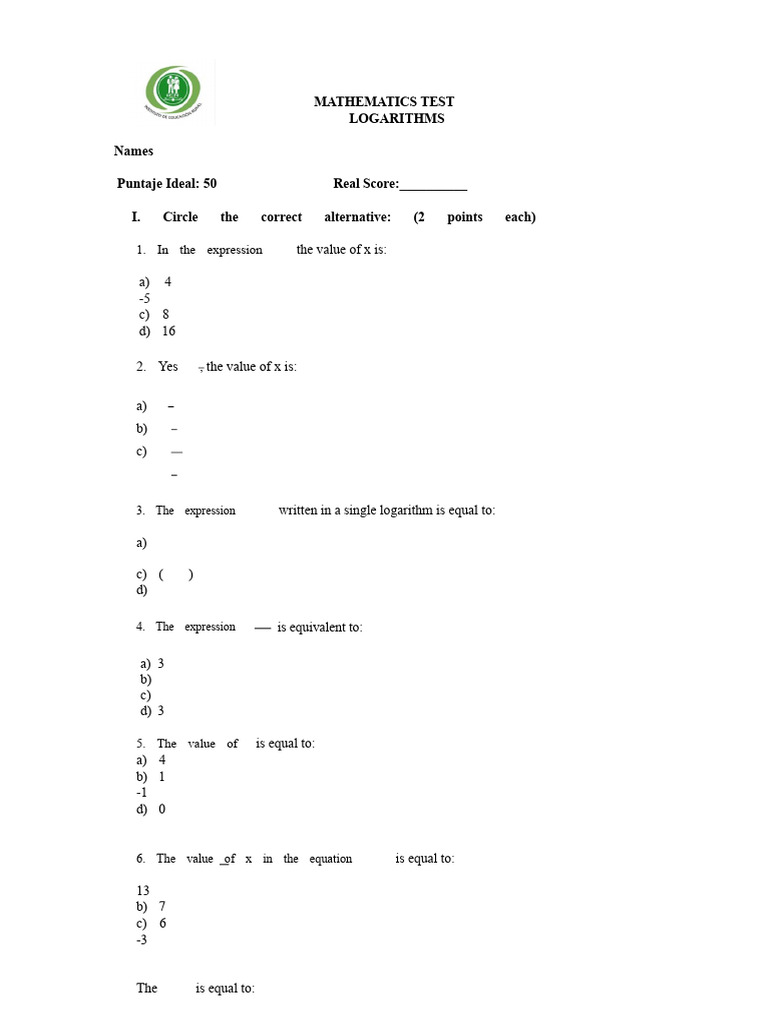TEST Logarithms Ok | PDF | Logarithm | Mathematics