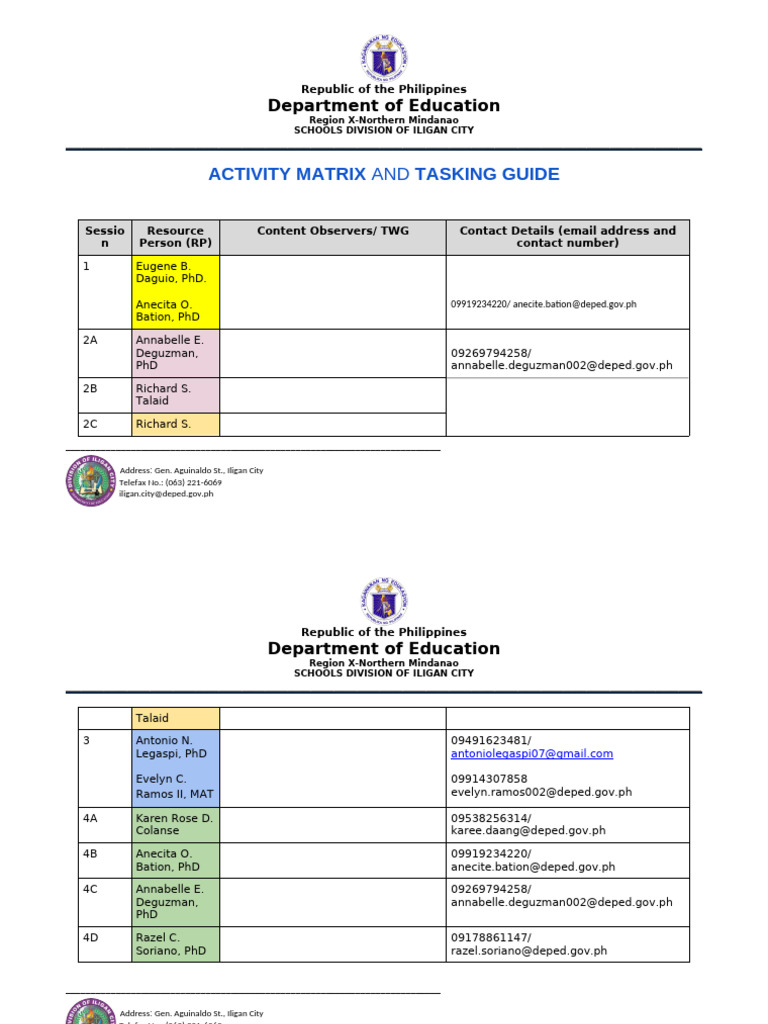Hots Plp 2024 Activity Matrix and Tasking Guide Final | PDF | Philippines