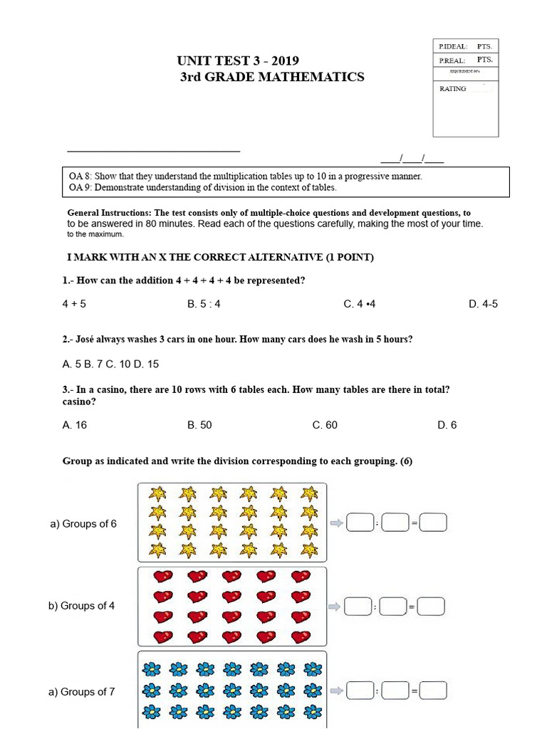 3rd Grade Math Unit Test 2019 | PDF | Multiple Choice