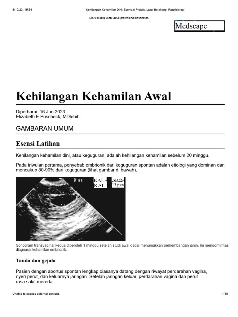 Kehilangan Kehamilan Dini: Praktik Esensial, Latar Belakang, Patofisiologi | PDF