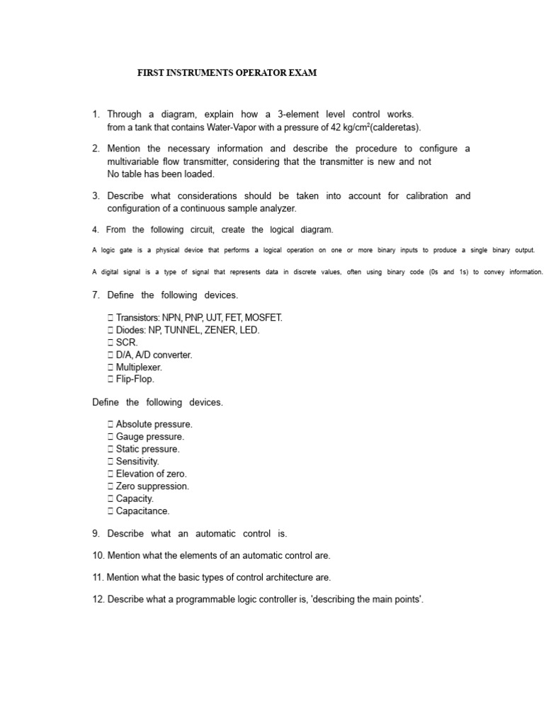 First Level Instrument Operator Exam | PDF | Logic Gate | Instrumentation