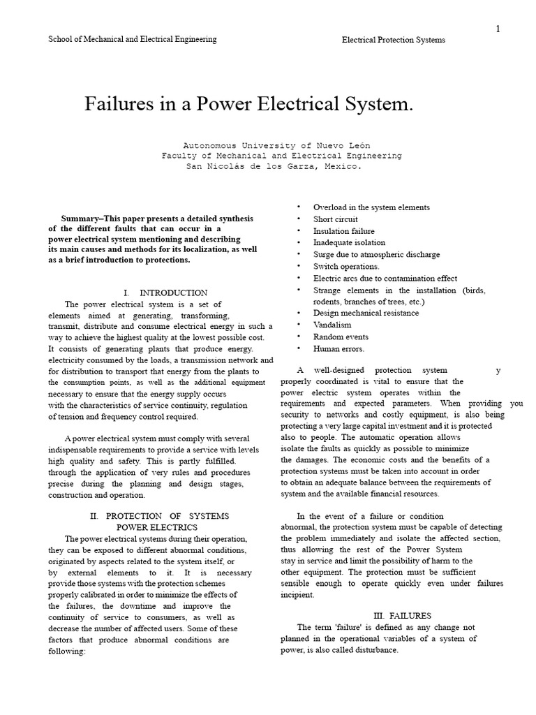 Power Electrical System Failures Analysis | PDF | Electric Motor ...