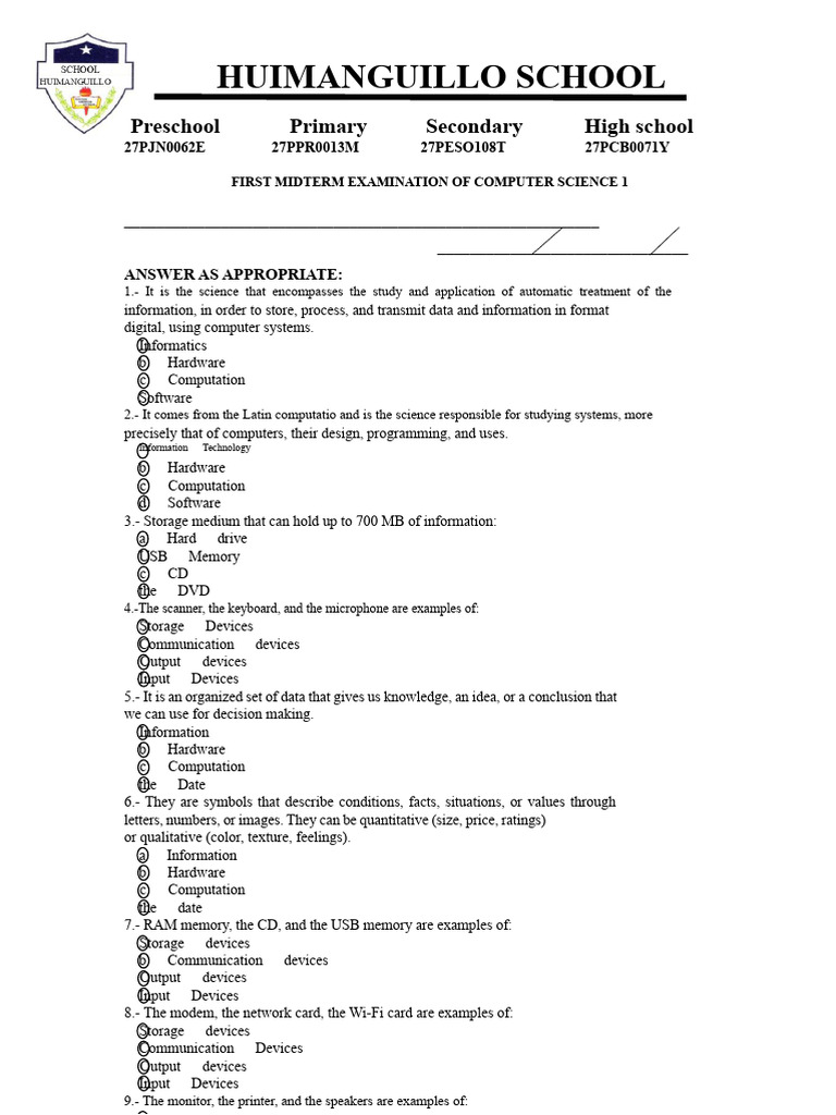First Partial Exam of Computer Science 1 Huimanguillo School | PDF ...