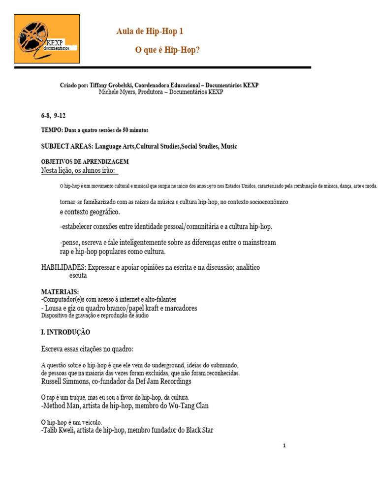 Aula sobre Cultura e História do Hip-Hop | PDF
