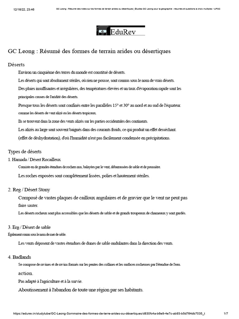 Formes de terrain arides selon GC Leong | PDF | Désert | Érosion