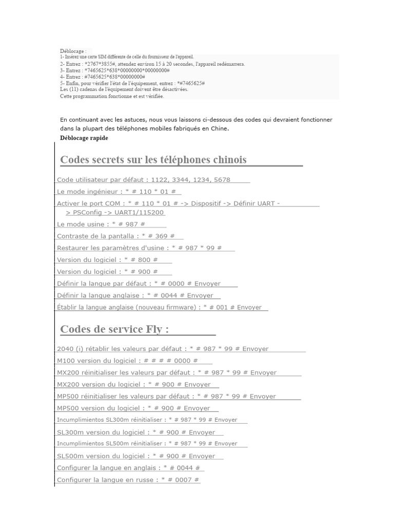 Codes de déblocage pour téléphones chinois | PDF | Nokia | GSM