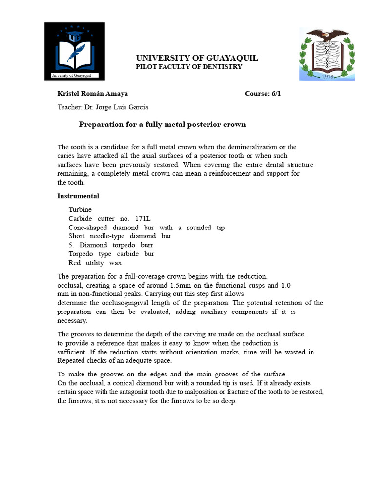 Full Metal Crown Preparation Guide | PDF | Dental Anatomy | Tooth