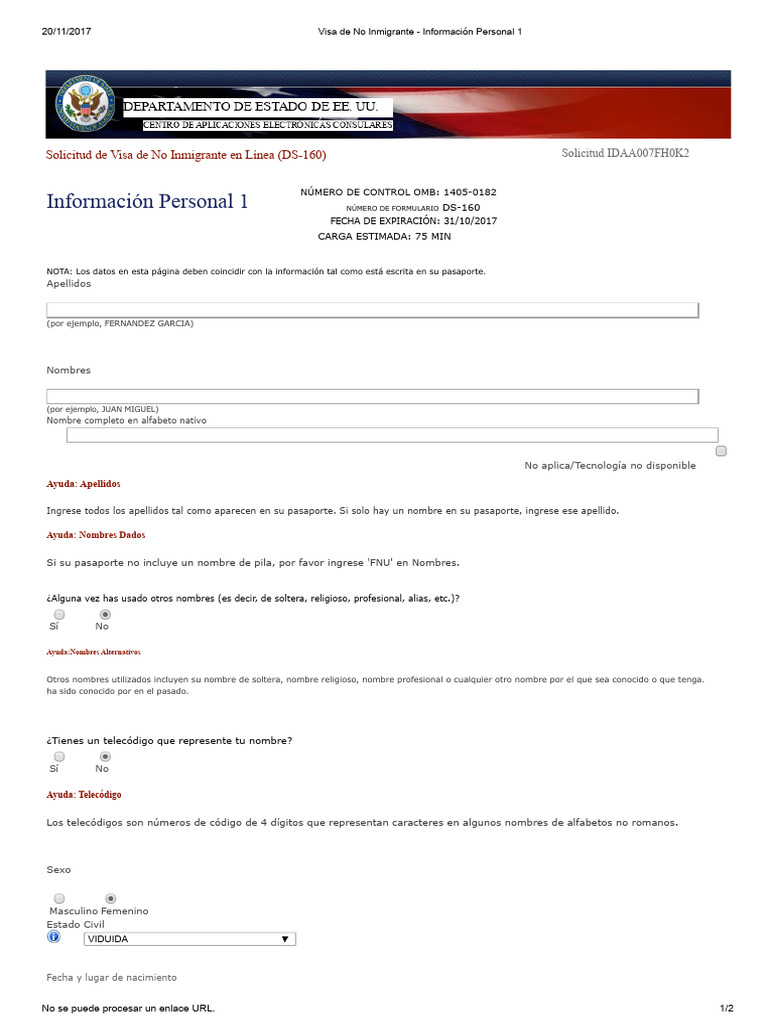 Solicitud de Visa No Inmigrante DS-160 | PDF | Pasaporte | Visa de viaje