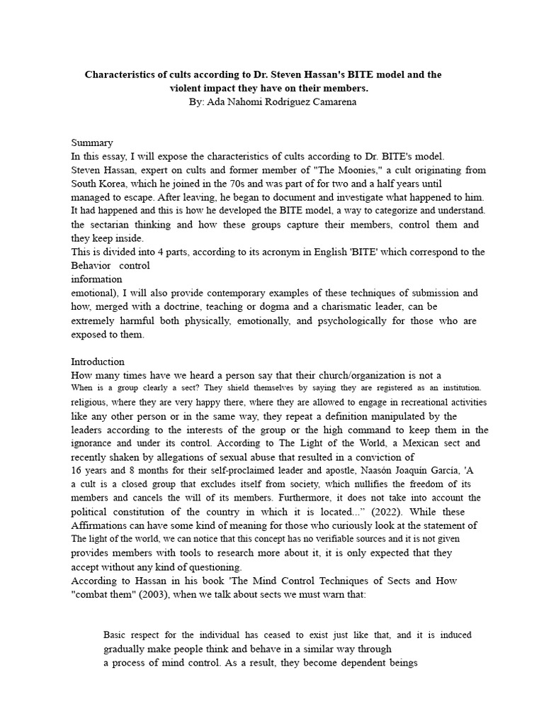 Characteristics of Cults According To Dr. Steven Hassan's BITE Model ...