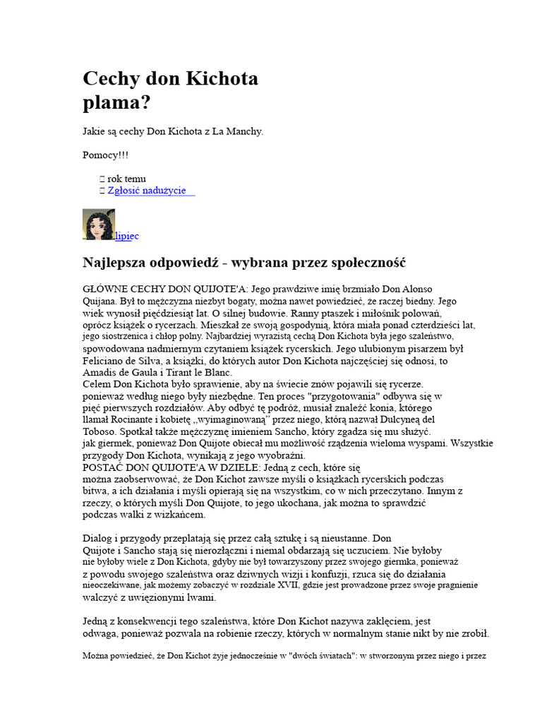 Cechy Don Kichota Z La Manchy | PDF