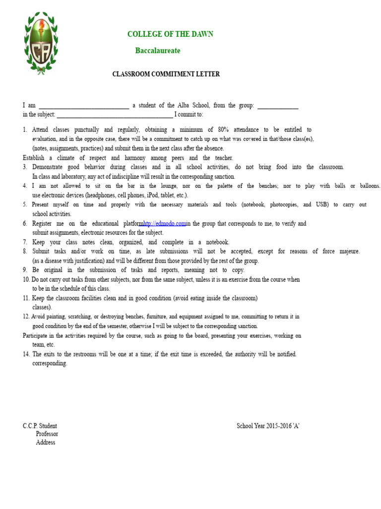 Classroom Commitment Letter Template | PDF