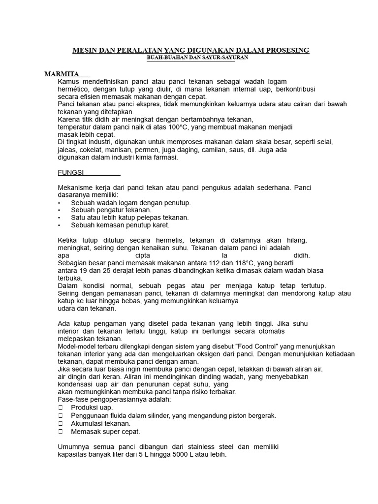 Mesin Dan Peralatan Yang Digunakan Dalam Prosesing Buah Dan Sayuran | PDF