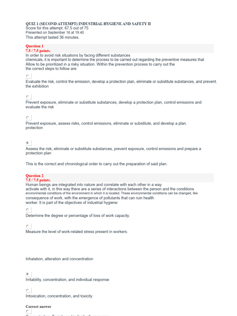 Quiz 1 Second Attempt Industrial Hygiene and Safety Ii | PDF | Toxicity ...