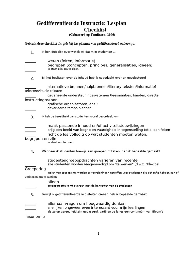 Gevarieerd Instructie Lesplan Checklist | PDF