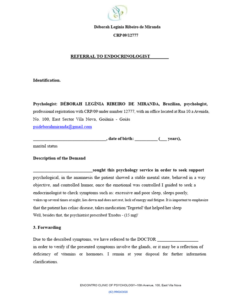 Referral From The Psychologist To The Endocrinologist | PDF ...