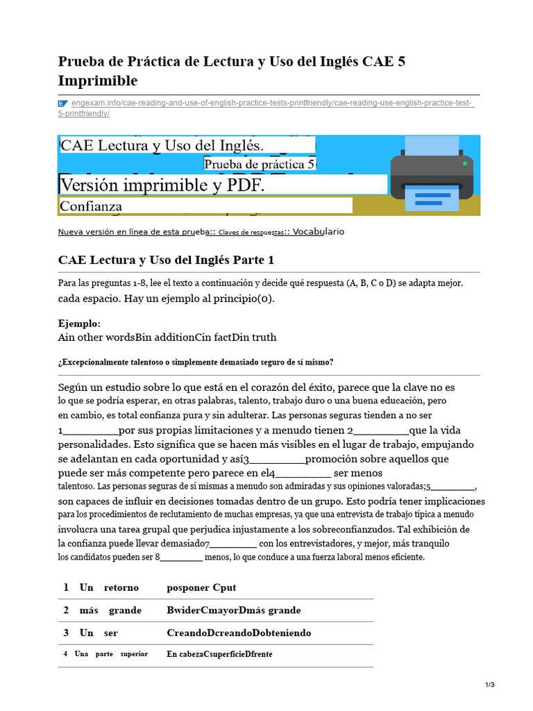 Engexam - info-CAE Prueba de Lectura y Uso Del Inglés Práctica 5 Imprimible PDF | PDF