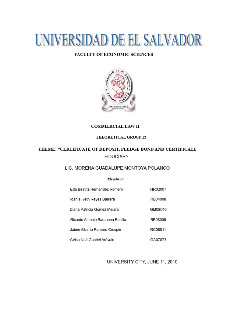 Deposit Certificate, Pledge Bond, and Trust Certificate. | PDF | Bonds ...
