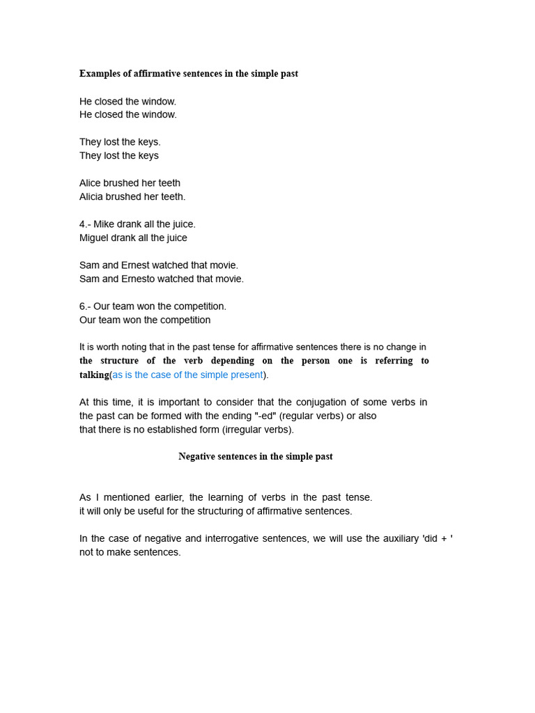 Simple Past Affirmative Sentence Examples | PDF | Question | Verb