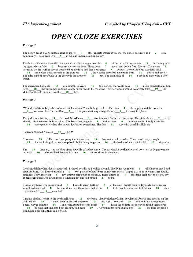 Open Cloze Test Collection 1-10 | PDF