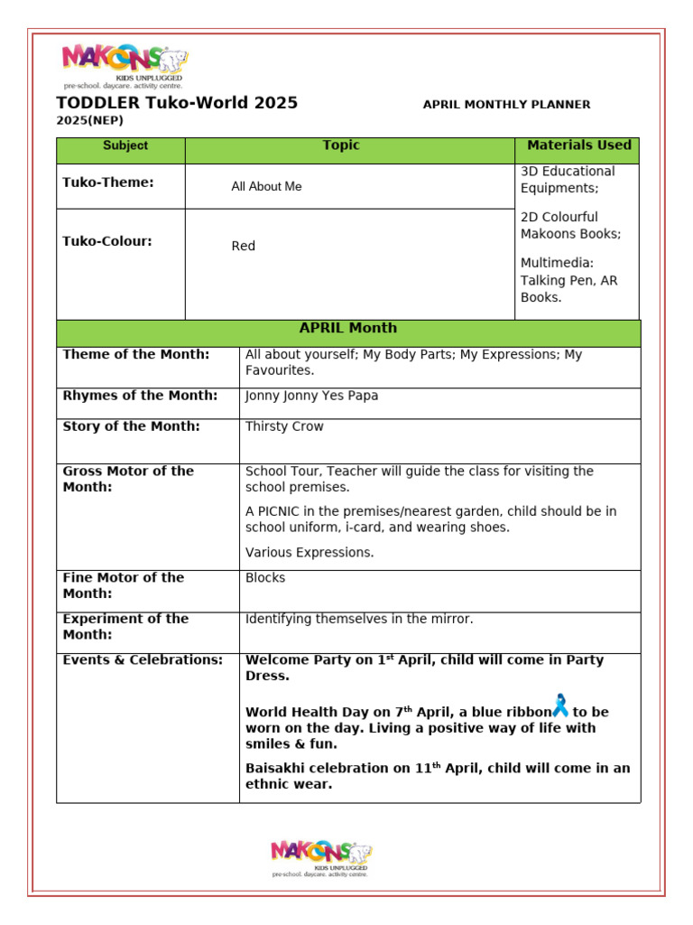 Toddler Monthly Planner April, 2025 | PDF | Toys