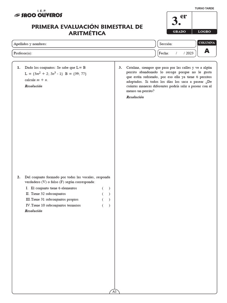 1 - Aritmética - 3° - (I Eval Bim) - Columna A - 23 - TT | PDF ...