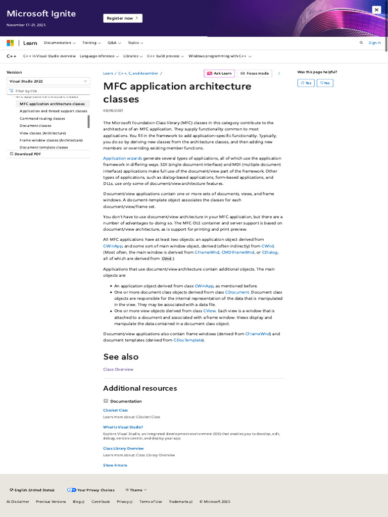 Microsoft Foundation Classes (MFC) Application Architecture Classes - Microsoft Learn | PDF ...