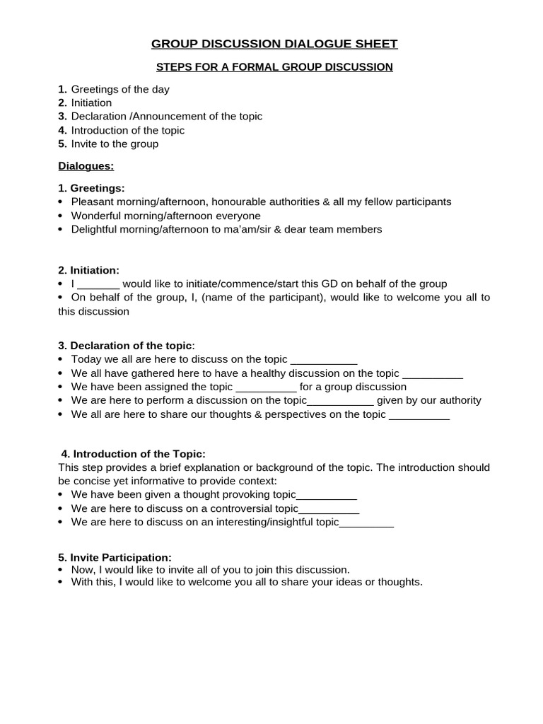 Group Discussion Dialogue Sheet | PDF
