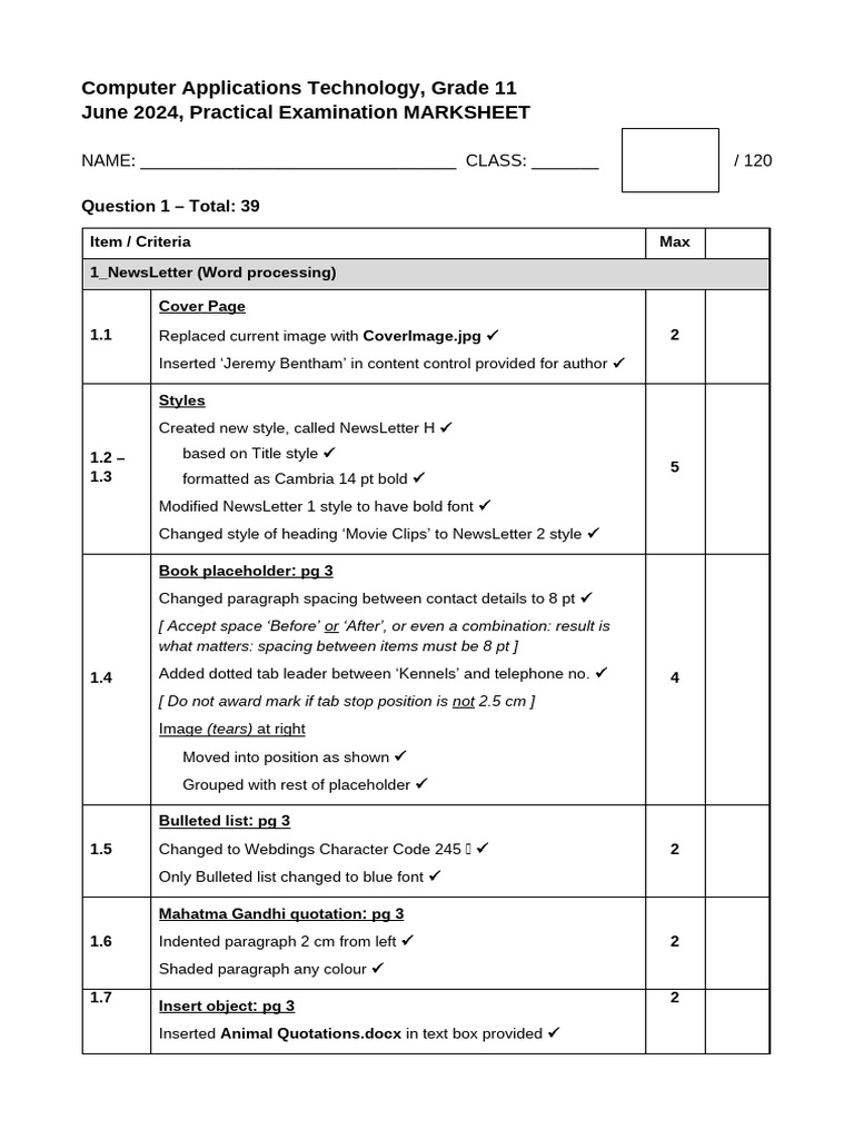 Grade 11 Computer Applications Exam Marksheet | PDF | Paragraph | Text