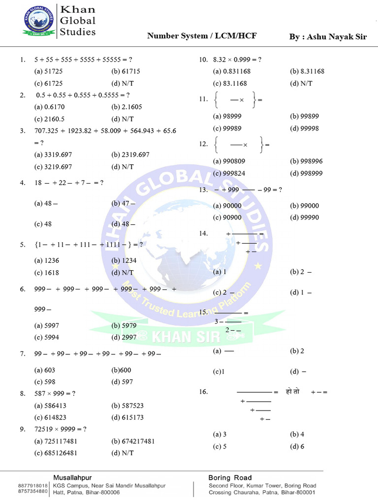 Number System (Math) Ashu Nayak Sir - 8809100471 | PDF