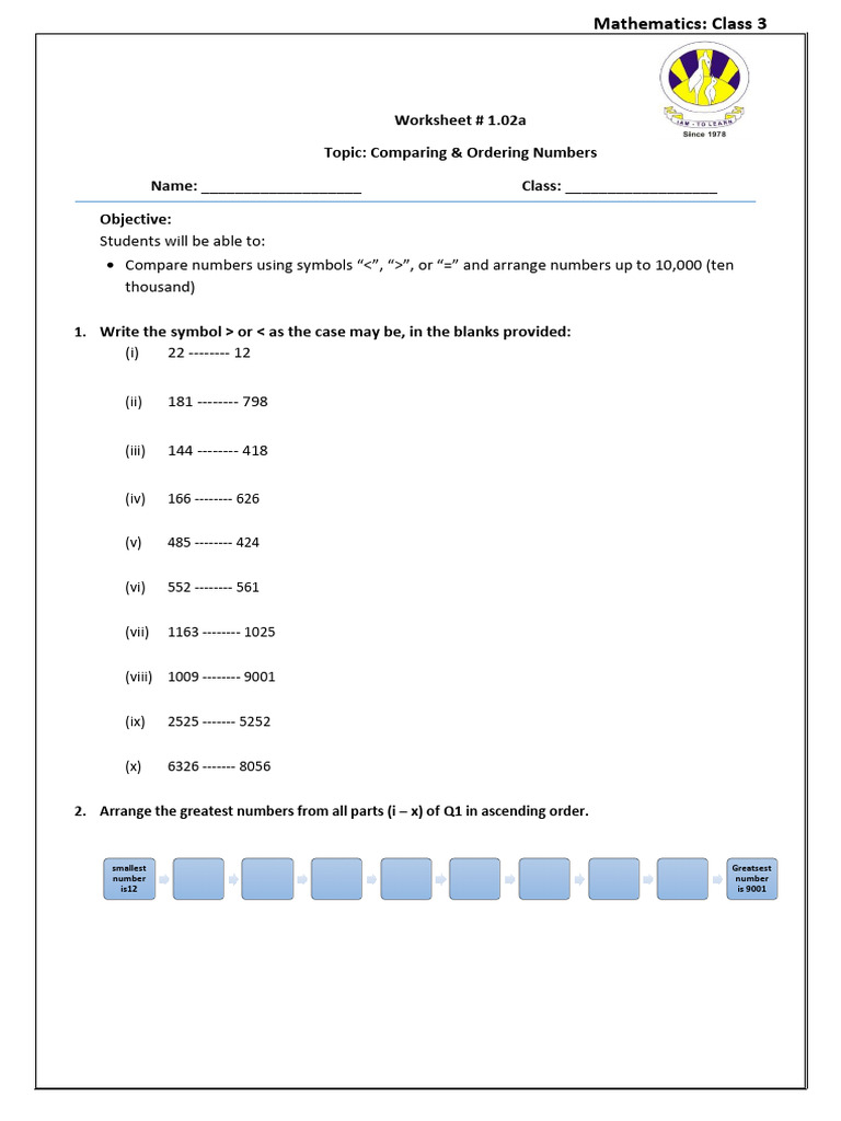 Comparing & Ordering Numbers Worksheet | PDF