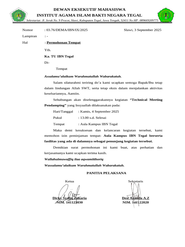 Permohonan Peminjaman Aula IBN Tegal | PDF