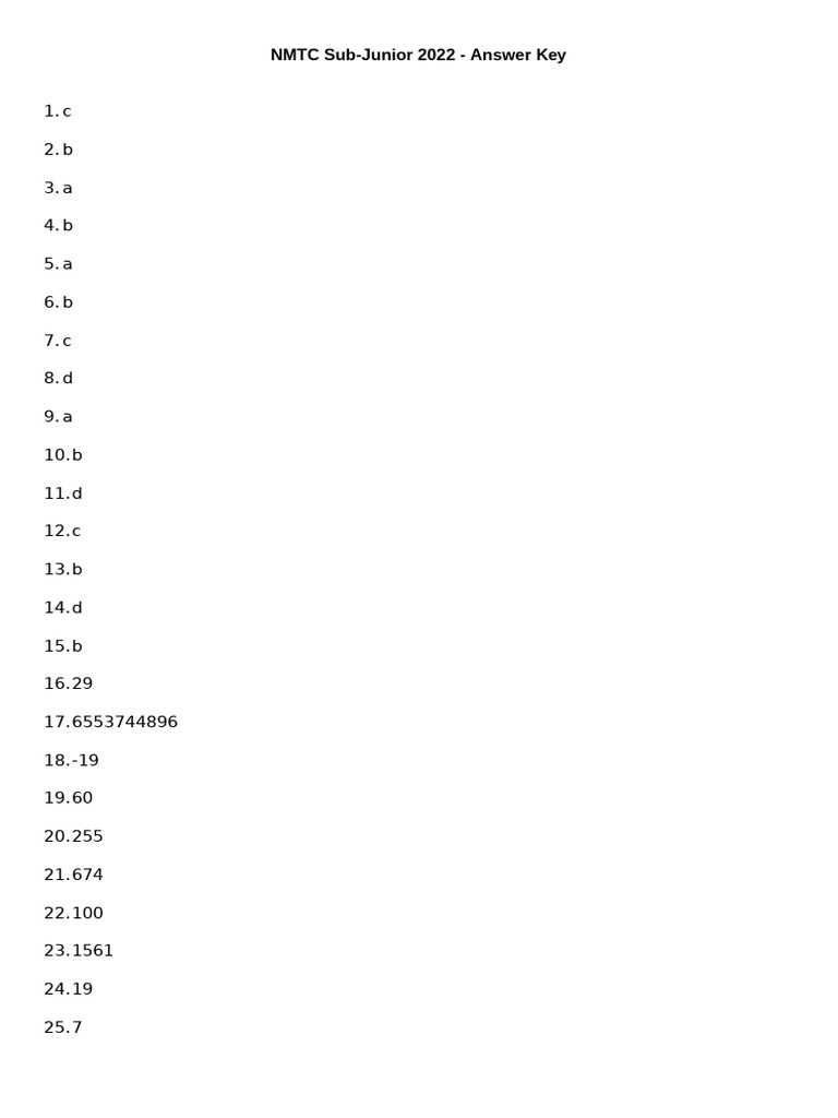 NMTC Sub Junior 2022 Answer Key | PDF