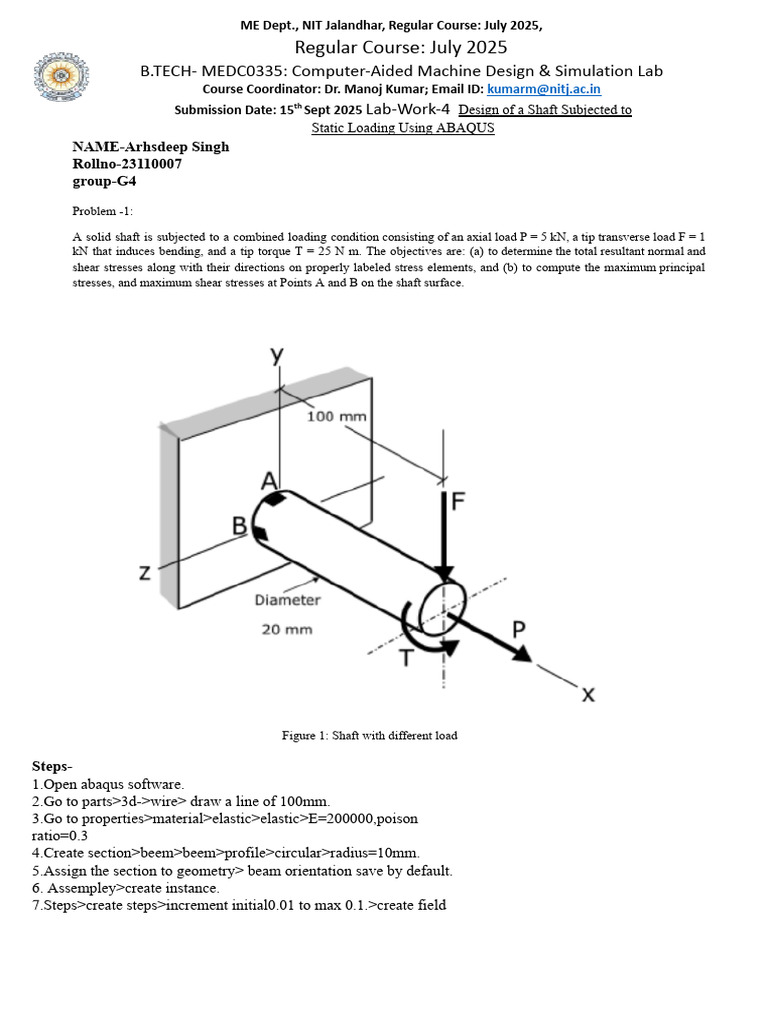 LABWORK-4 Design of a Shaft Subjected to Static Loading Using ABAQUS (3) | PDF | Stress ...