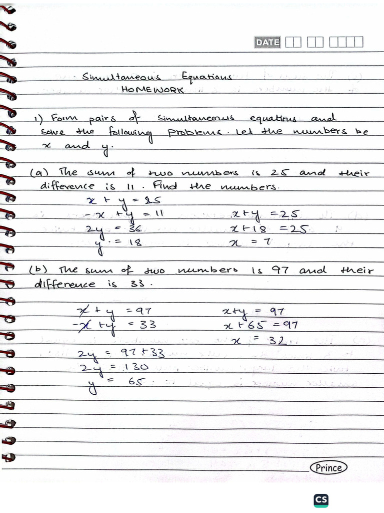 Simultaneous Equations Word Problems HW | PDF