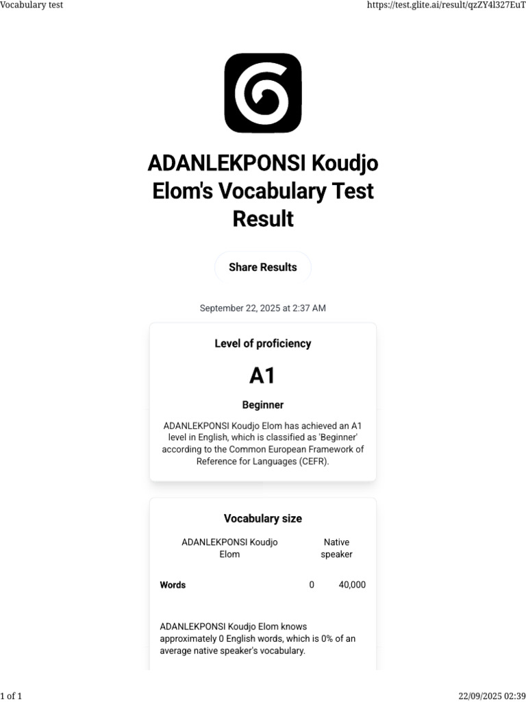A1 English Vocabulary Test Result | PDF