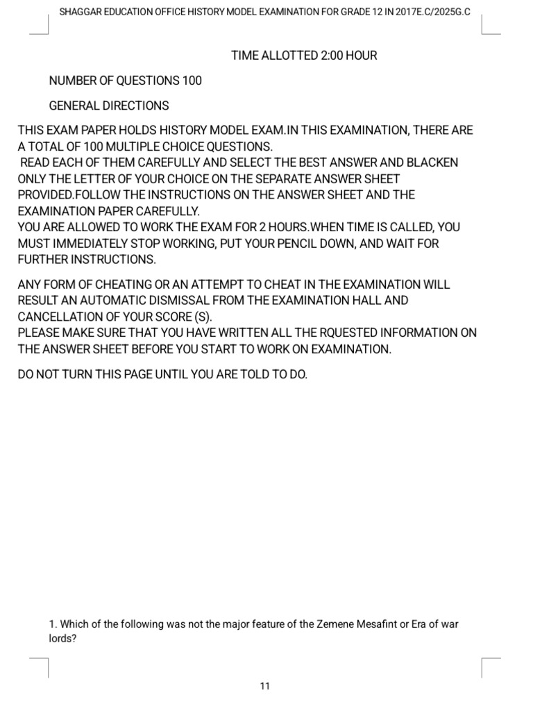 Grade 12 History Model Exam 2017 E.C. | PDF | Ethiopia | Homo