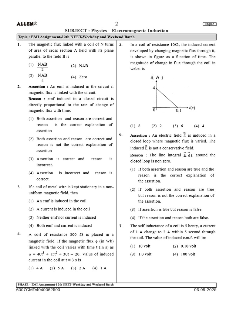EMI Assignment 12th NEET Phy Weekday and Weekend Batch | PDF | Inductor | Transformer