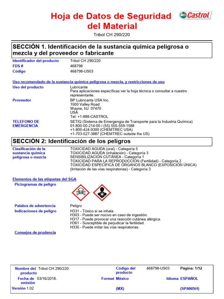 Hoja de Seguridad Tribol CH 290/220 | PDF